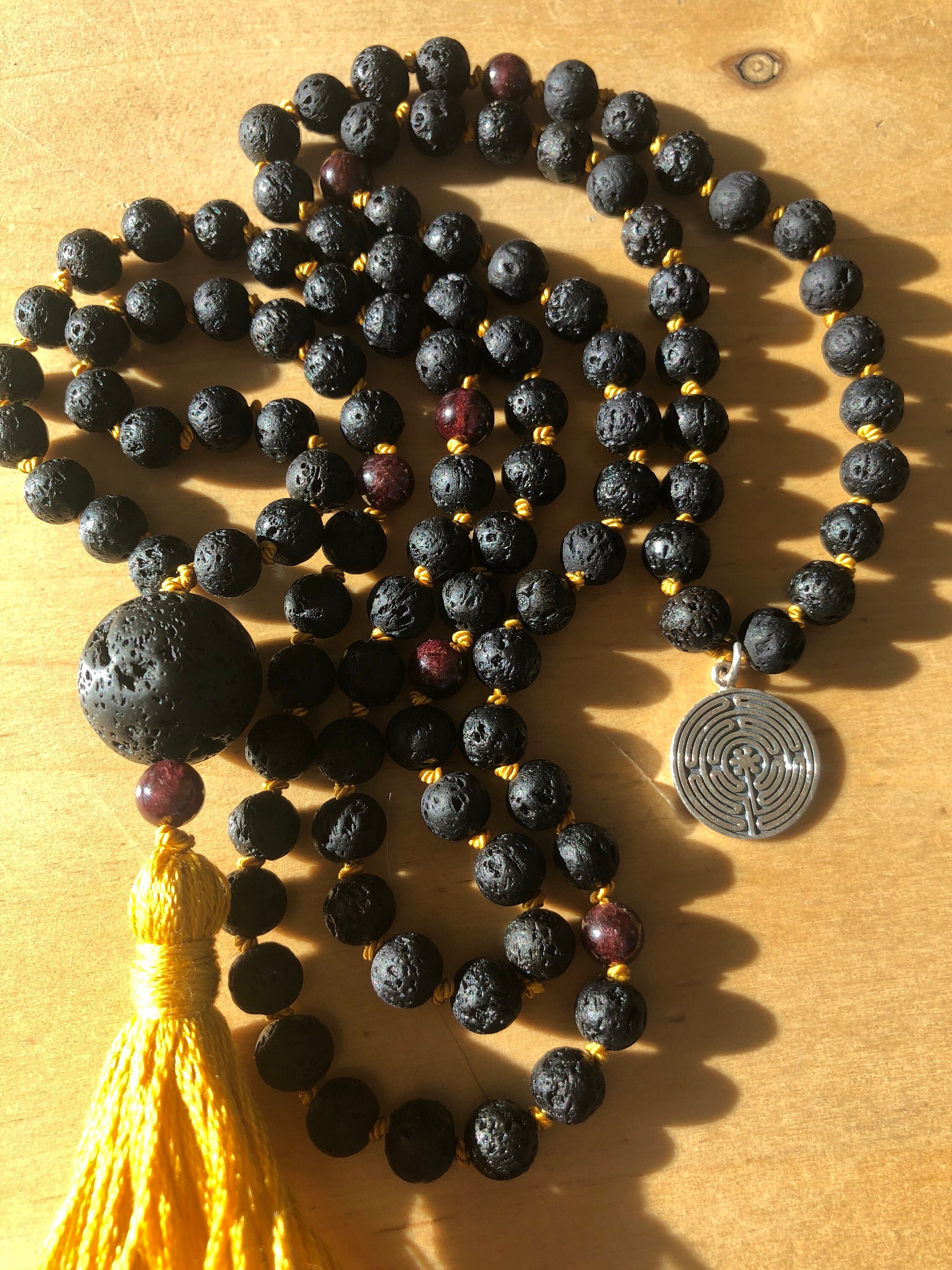 Mala, 108 Black Lava Basalt and Garnet Beads, Sterling Silver Labyrinth ...