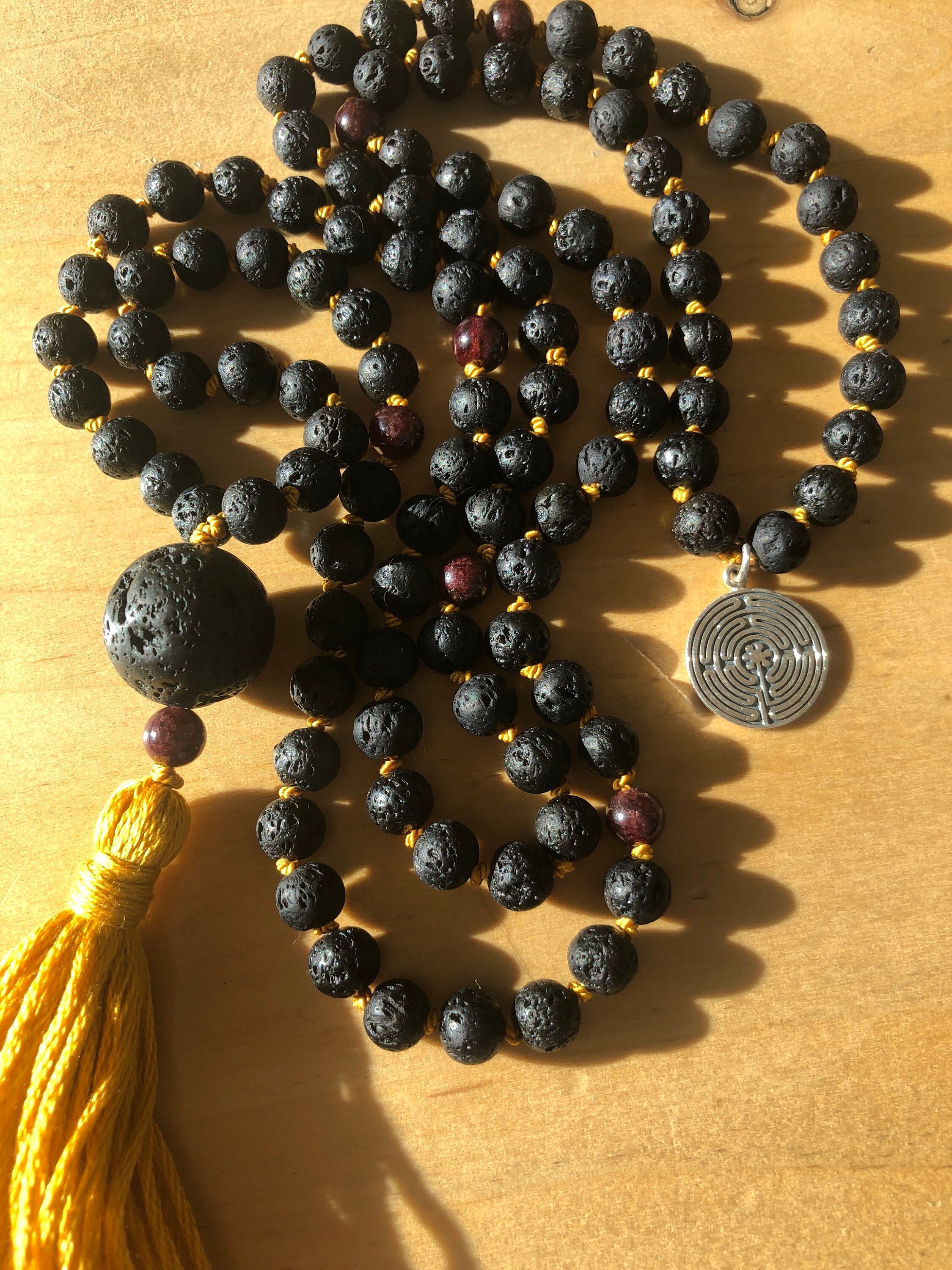 Mala, 108 Black Lava Basalt and Garnet Beads, Sterling Silver Labyrinth ...
