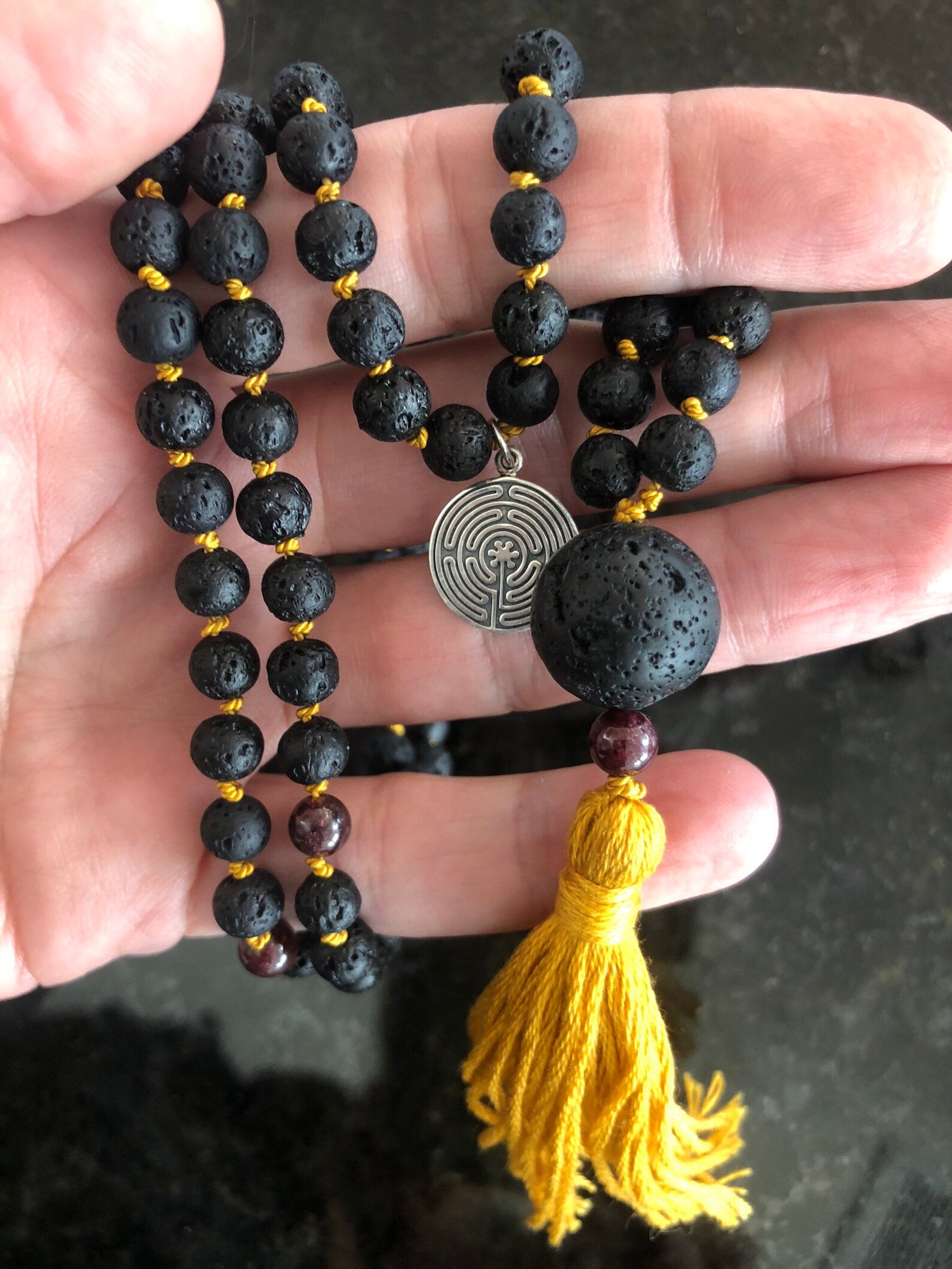 Mala, 108 Black Lava Basalt and Garnet Beads, Sterling Silver Labyrinth ...
