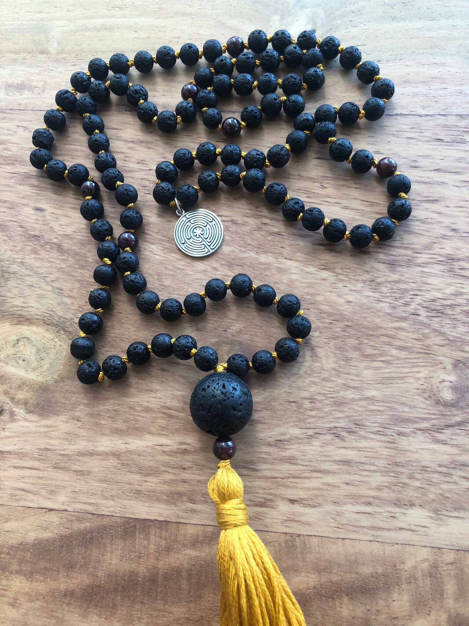 Mala, 108 Black Lava Basalt and Garnet Beads, Sterling Silver Labyrinth ...