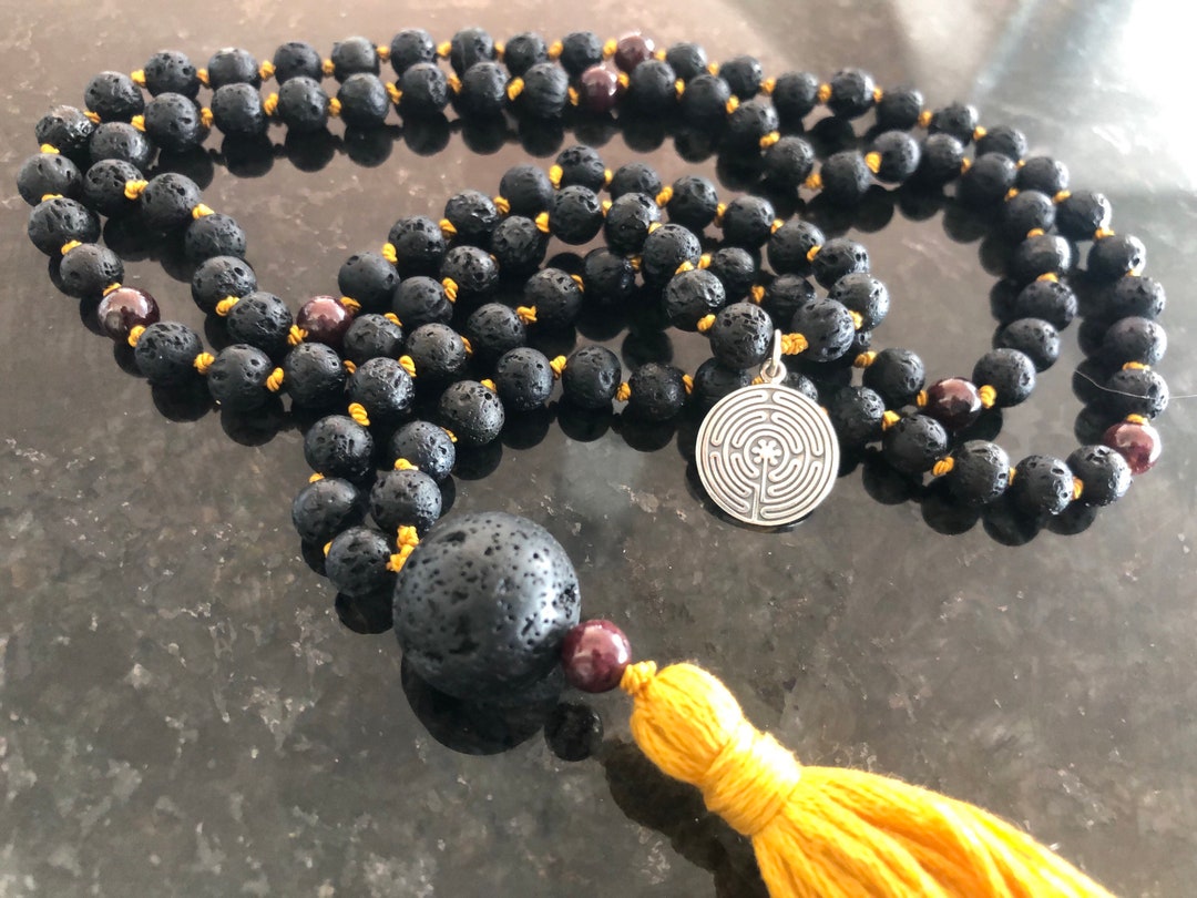 Mala, 108 Black Lava Basalt and Garnet Beads, Sterling Silver Labyrinth ...