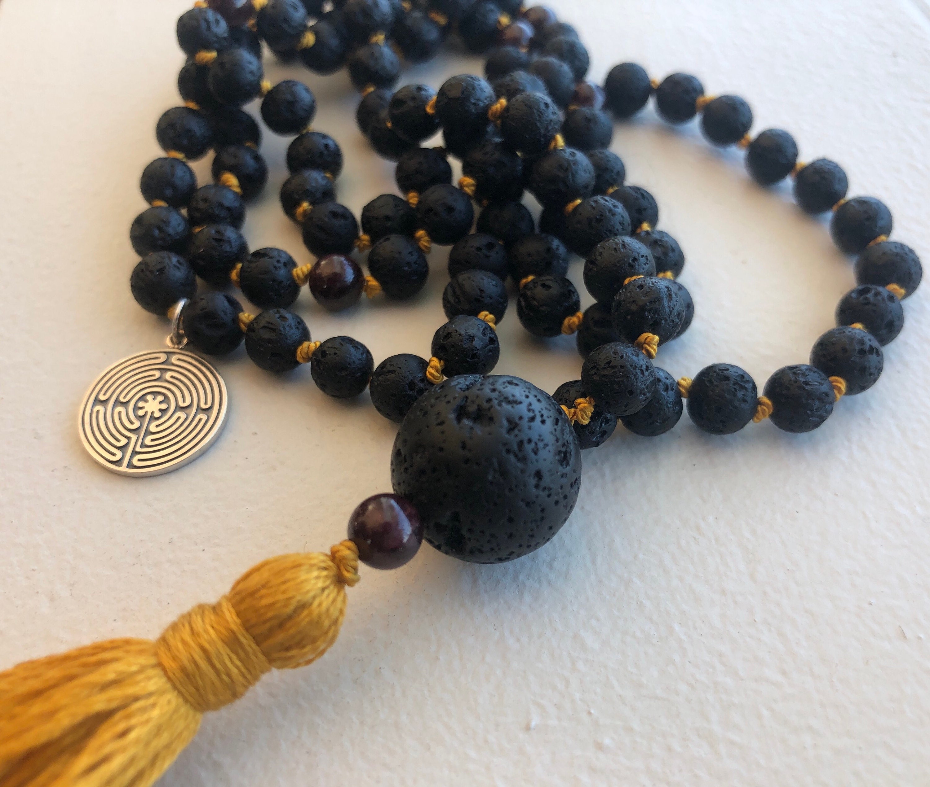 Mala, 108 Black Lava Basalt and Garnet Beads, Sterling Silver Labyrinth ...