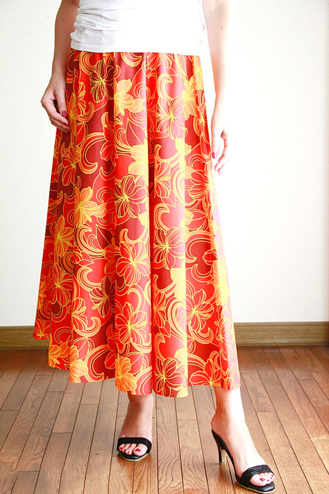 Longue jupe circulaire plumeria orange jupe de taille - Etsy France