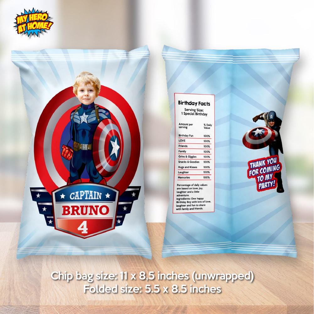 Captain America Chip Bags Wrappers With Photo (capt America Snacks ...
