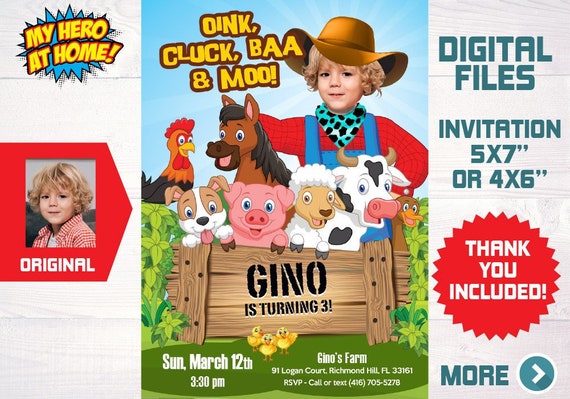 Farm birthday Invitation with photo, Custom Farm Invitation, Barn Bash party, Custom Farm thank ...