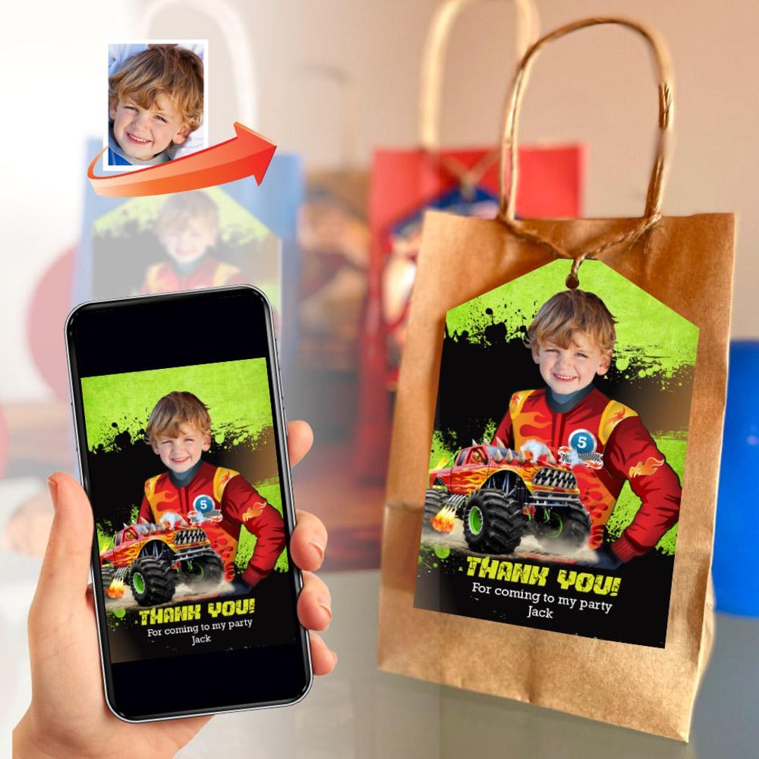 Monster Jam Thank You With Photo, Monster Truck Favor Tags, Monster ...