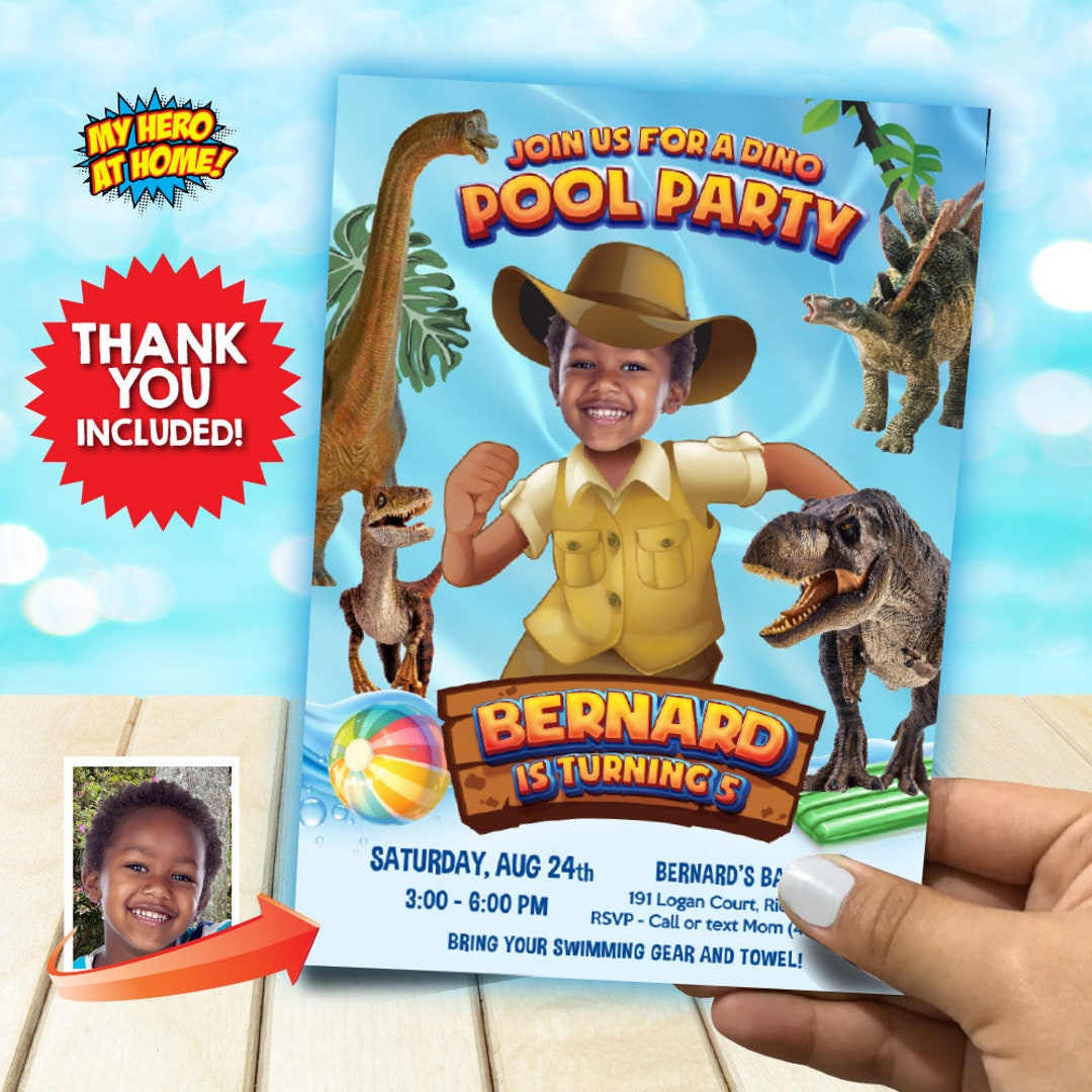 Dino Pool Party Invitation With Photo, Paleontologist Pool Party ...