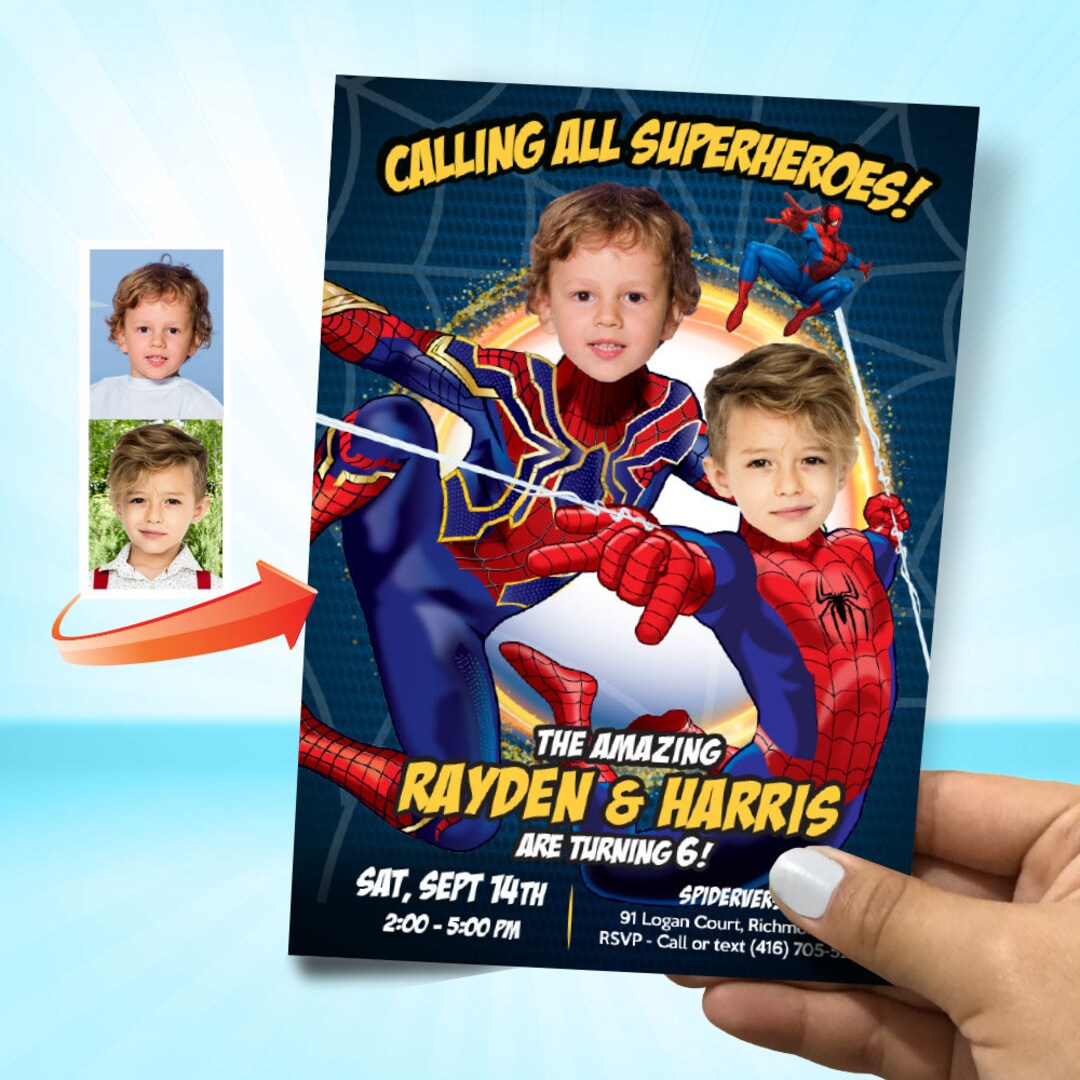 Joint Iron Spider and Spider-man Birthday Invitation, Siblings ...