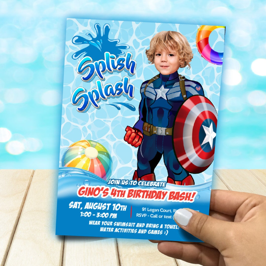 Captain America Splish Splash Party Invitation With Photo, Capt America ...