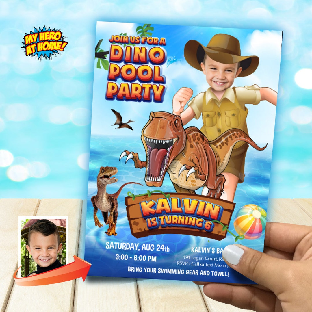 Dinosaurs Pool Party Birthday Invitation, Dino-mite Pool Party Template ...