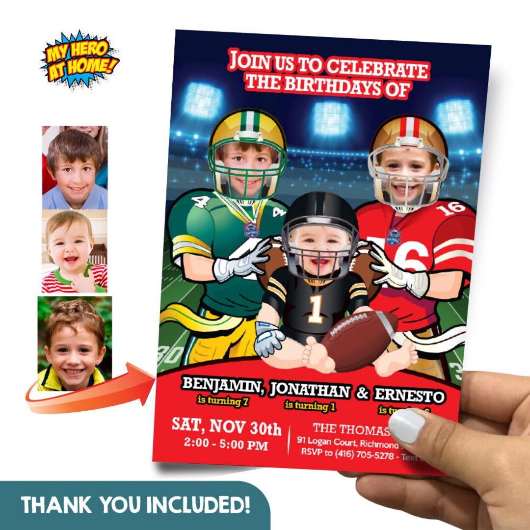 Joint 3 Football Teams Party Invitation, Joint 3 Siblings Football ...