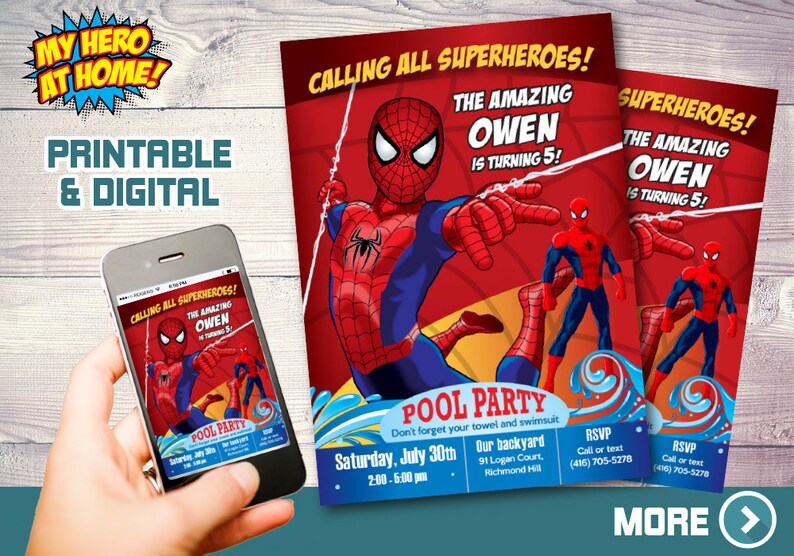 Spiderman Pool Party Invitation, Spiderman Water Slide Invitation ...