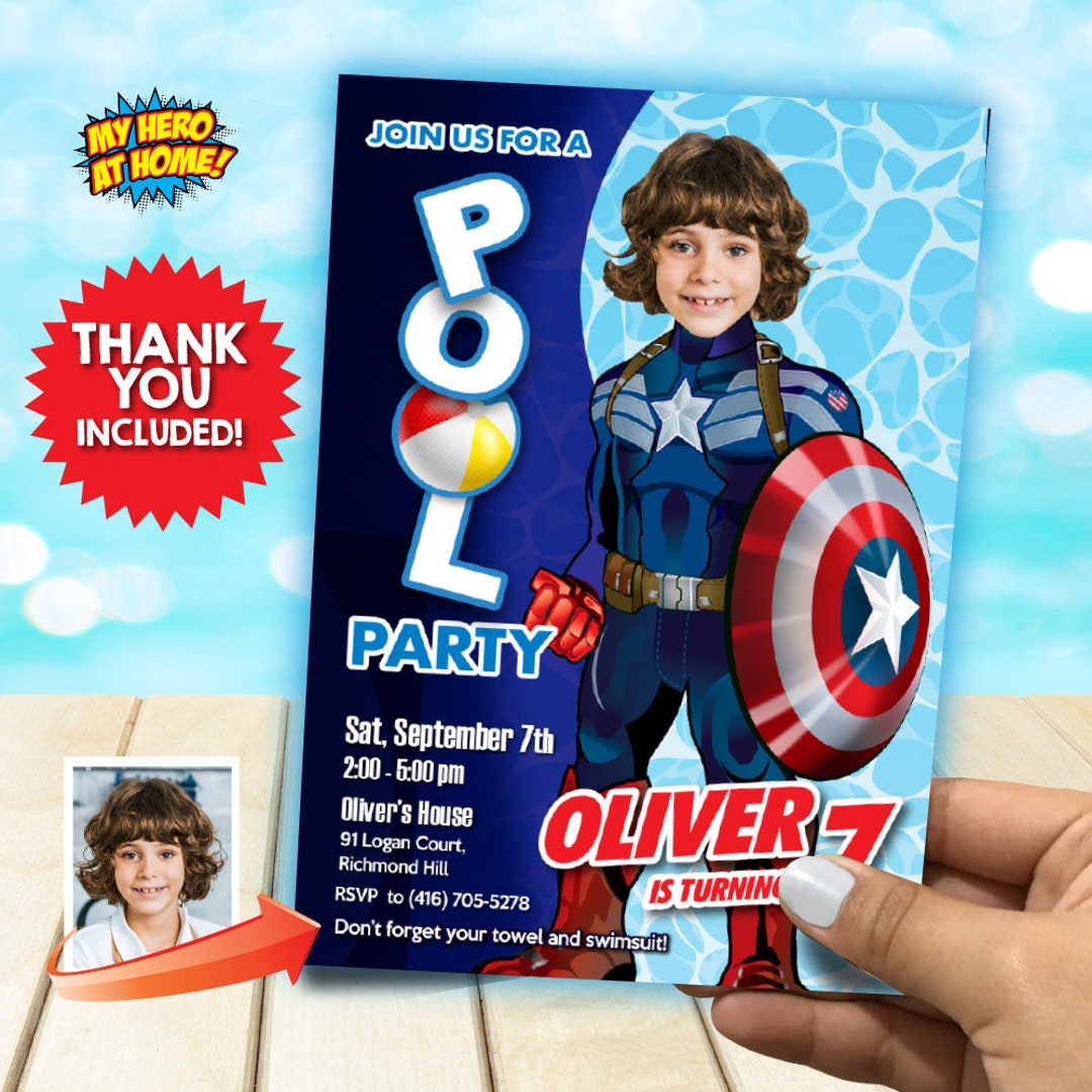 Captain America Pool Party Invite, Capt America Splash Party Invite ...