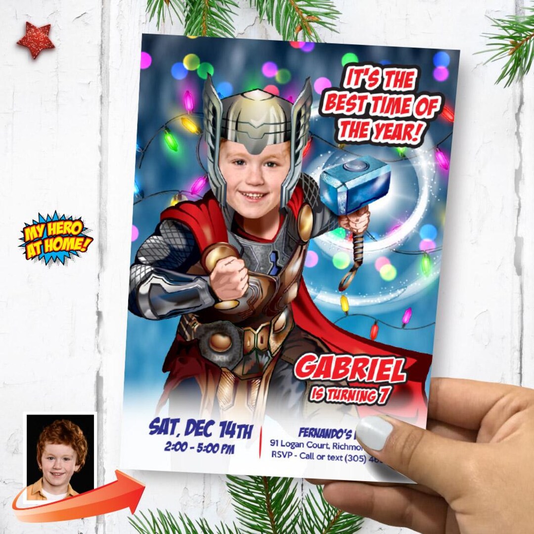 Thor Christmas Birthday Party Invitation With Photo, Thor Digital ...