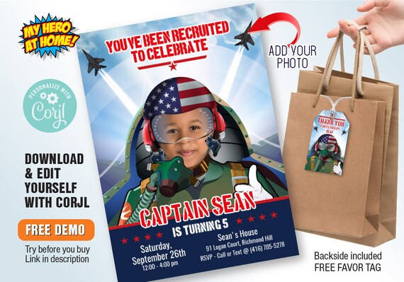 Jet Pilot Photo invitation, Jet Fighter Party Invitation, Jet Marine ...