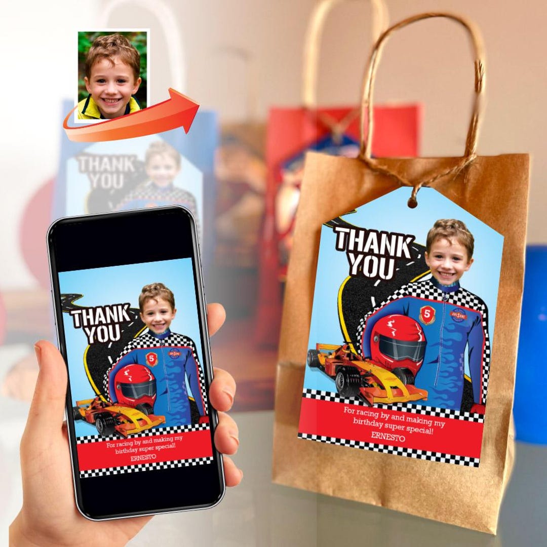 Blue Race Car Party Thank You With Photo, Blue Race Car Favor Tags ...