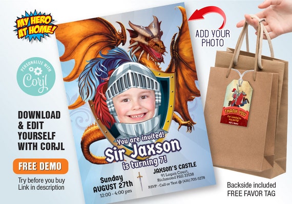 Knight Invitation with photo, Dragons Party Invitation, Medieval ...