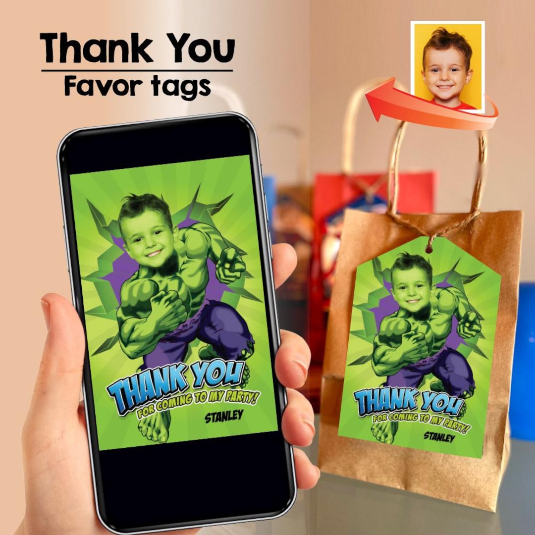 Personalized Hulk Thank You Card With Photo, Hulk Favor Tags With Photo ...
