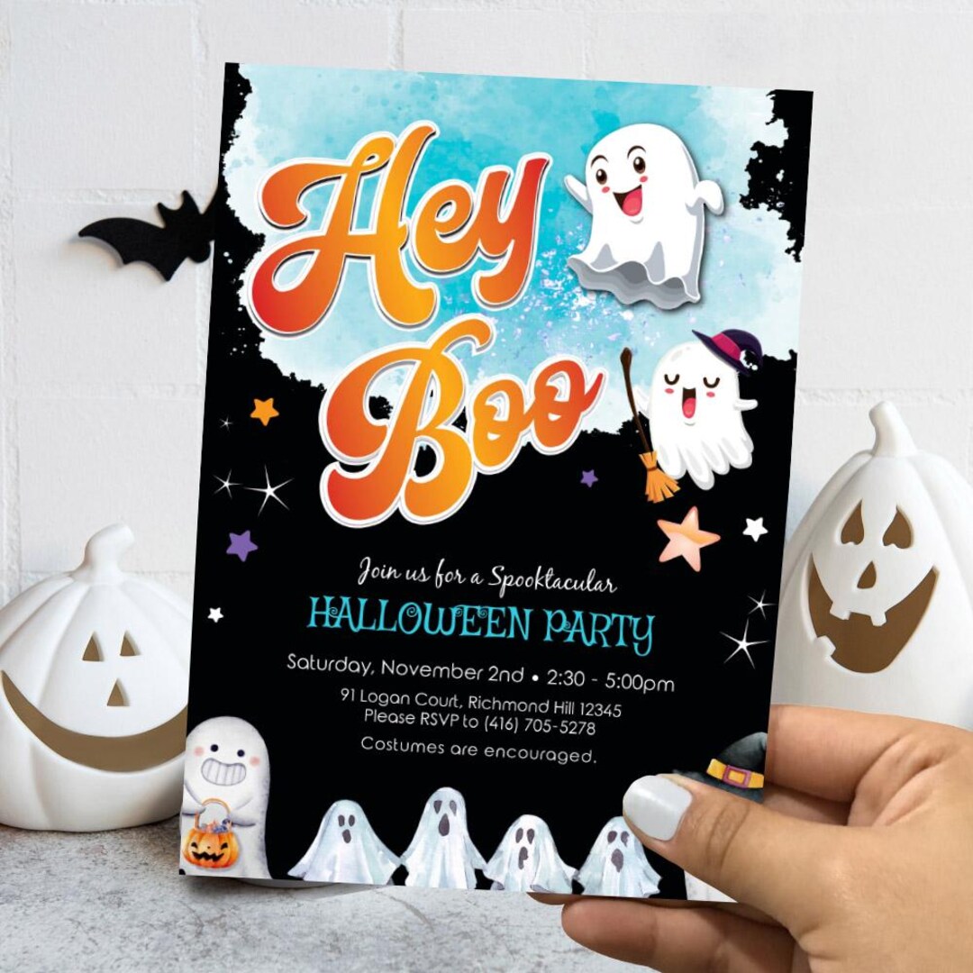 Editable Halloween Hey Boo Party Invitation, Halloween Ghosts Template ...