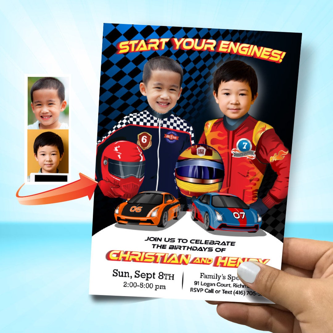 Siblings Race Car Party Flyer Invitation, Race Car Twins Invitation ...