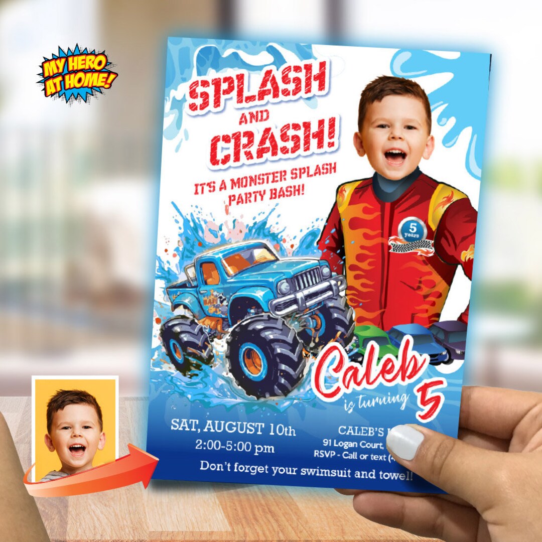 Monster Splash Birthday Party Invitation With Photo, Splash and Crash ...