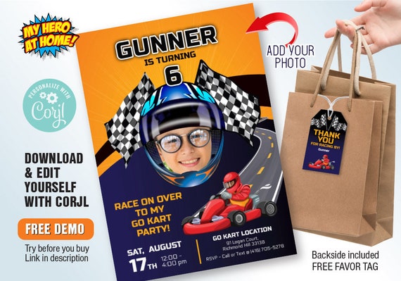 Go-Kart Photo Invitation, DIY Go Karting Template, Racing photo ...