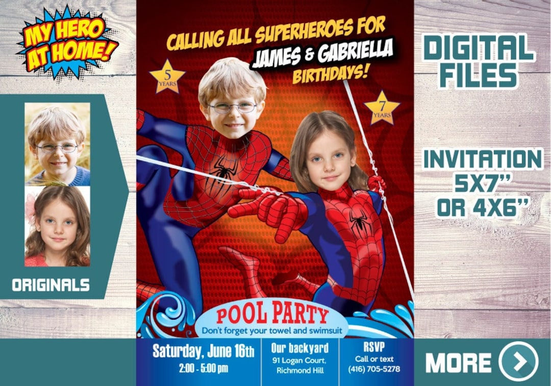Spiderman Siblings Pool Party Invitation, Joint Spiderman Pool Party ...