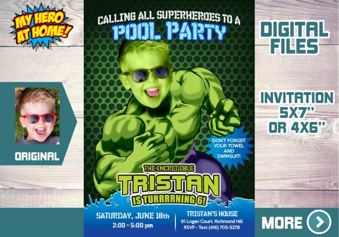 Hulk Pool Party Invitation, Hulk Pool Party Birthday, Hulk Waterslide ...