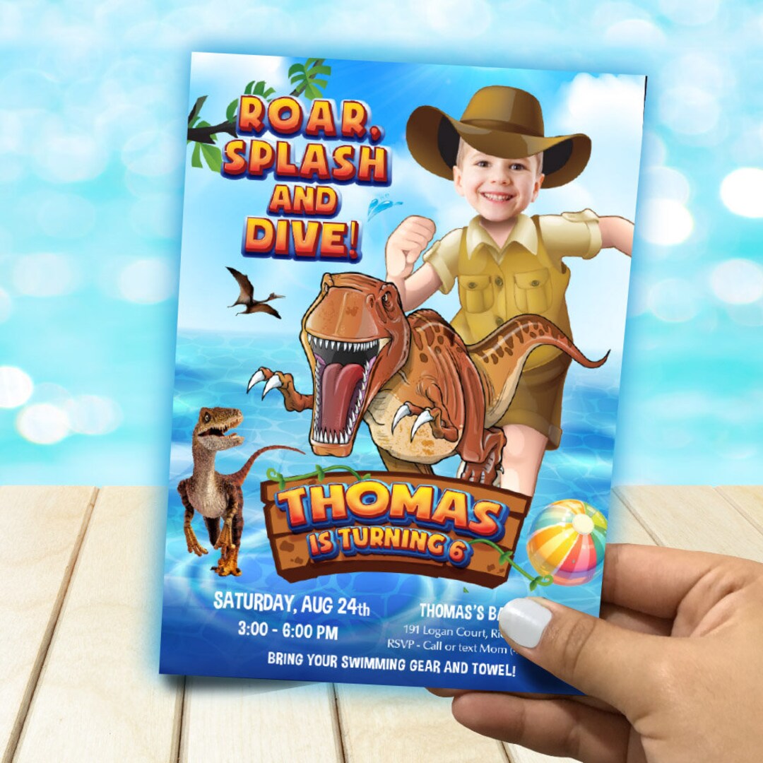 Dinosaurs Roar, Splash and Dive Party Invitation With Birthday Kid as ...