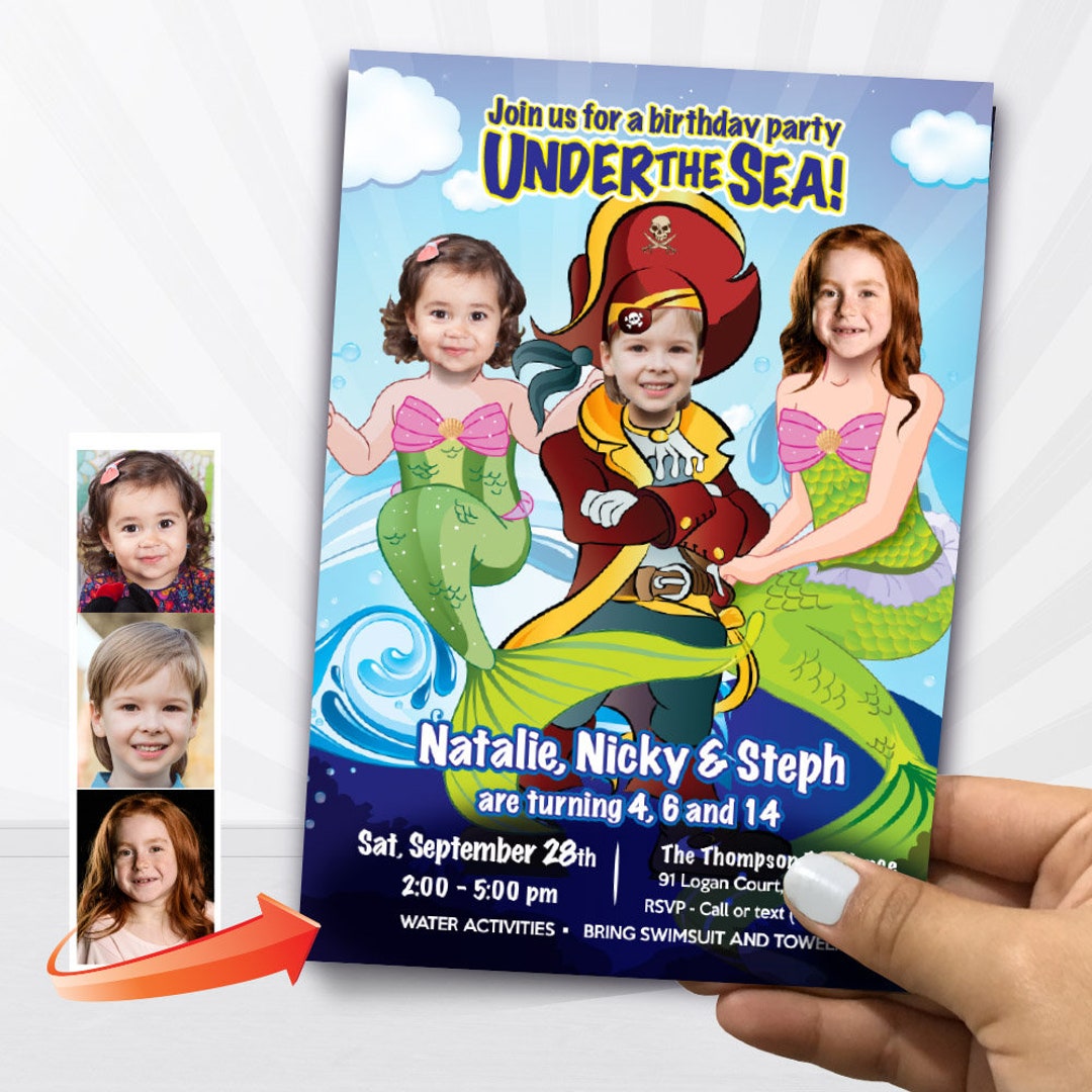 Under the Sea 3 Siblings Birthday Invitation With Photos, Pirate and ...