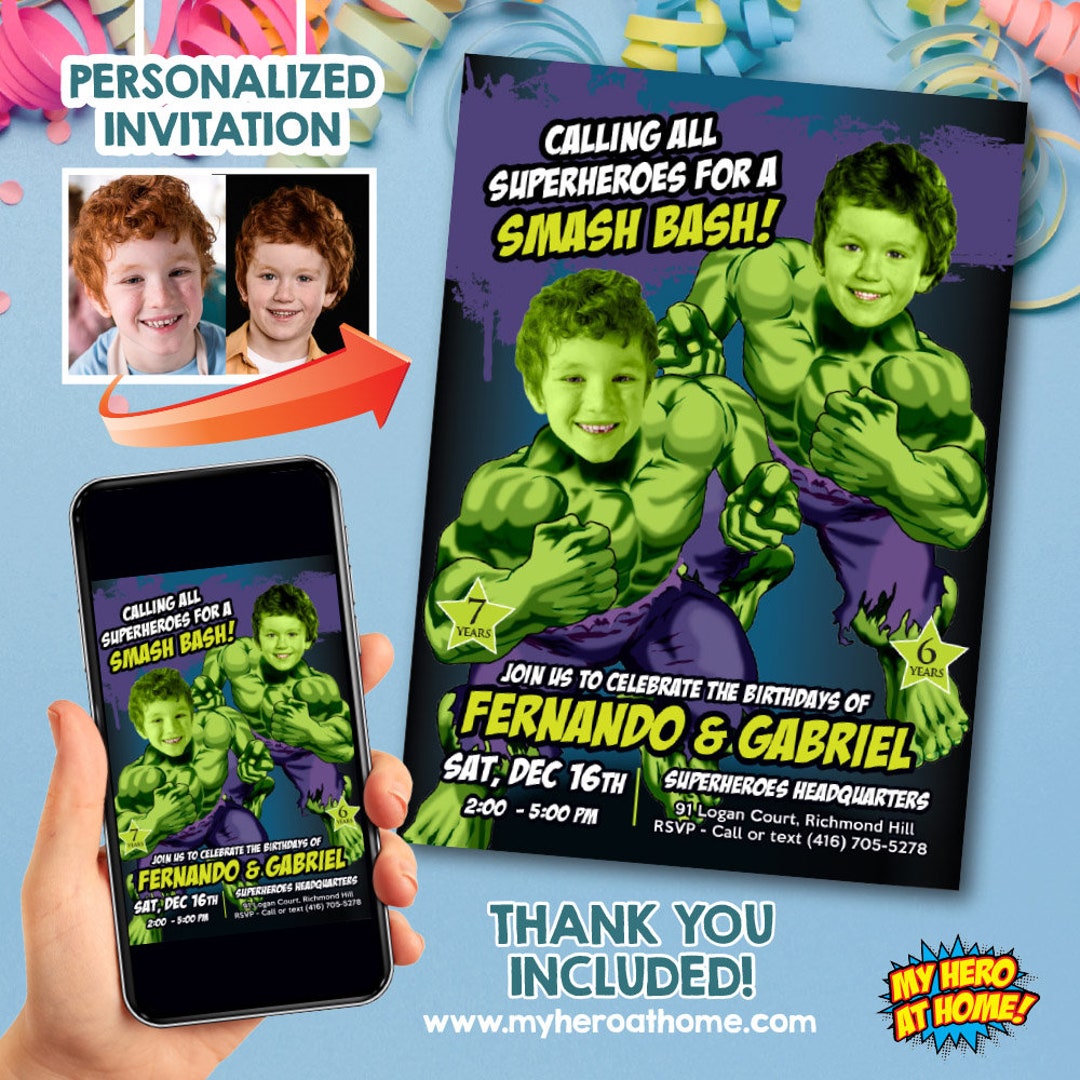 Hulk Siblings Birthday Invitation, Joint Hulk Party Invitation, Joint ...