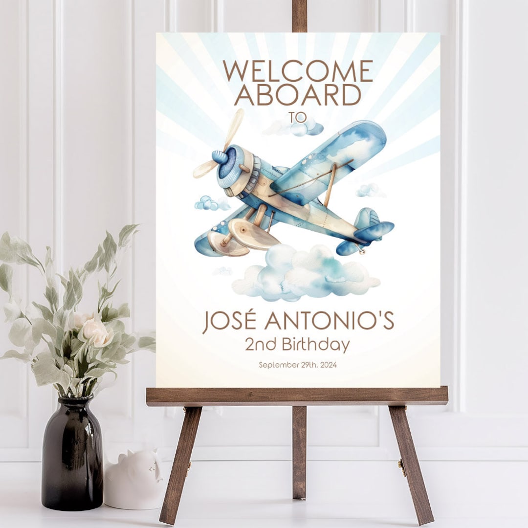 Editable Vintage Airplane Welcome Sign, DIY Welcome Aboard Airplane ...