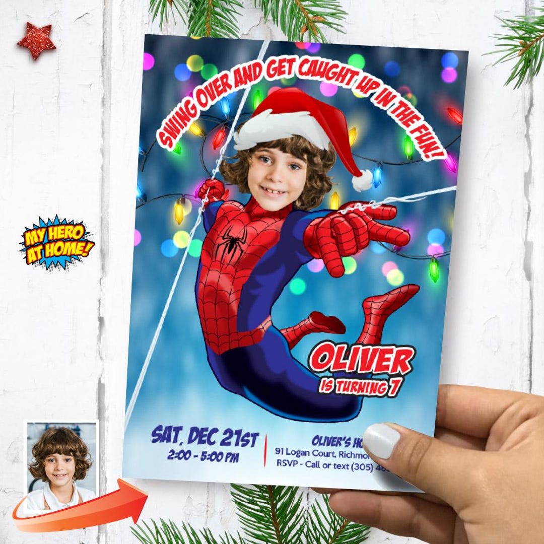 Spider-man Christmas Birthday Party Invitation With Photo, Spider-man ...