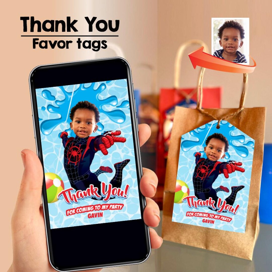 Personalized Miles Morales Pool Party Thank You and Favor Tags With ...