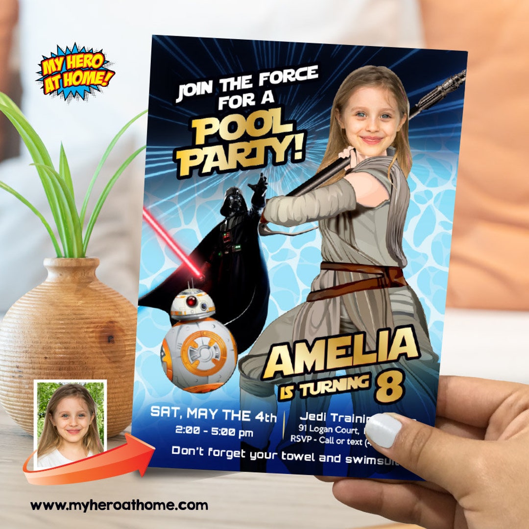 Girl Star Wars Pool Party Invitation, Jedi Rey Pool Party Invite, Star ...