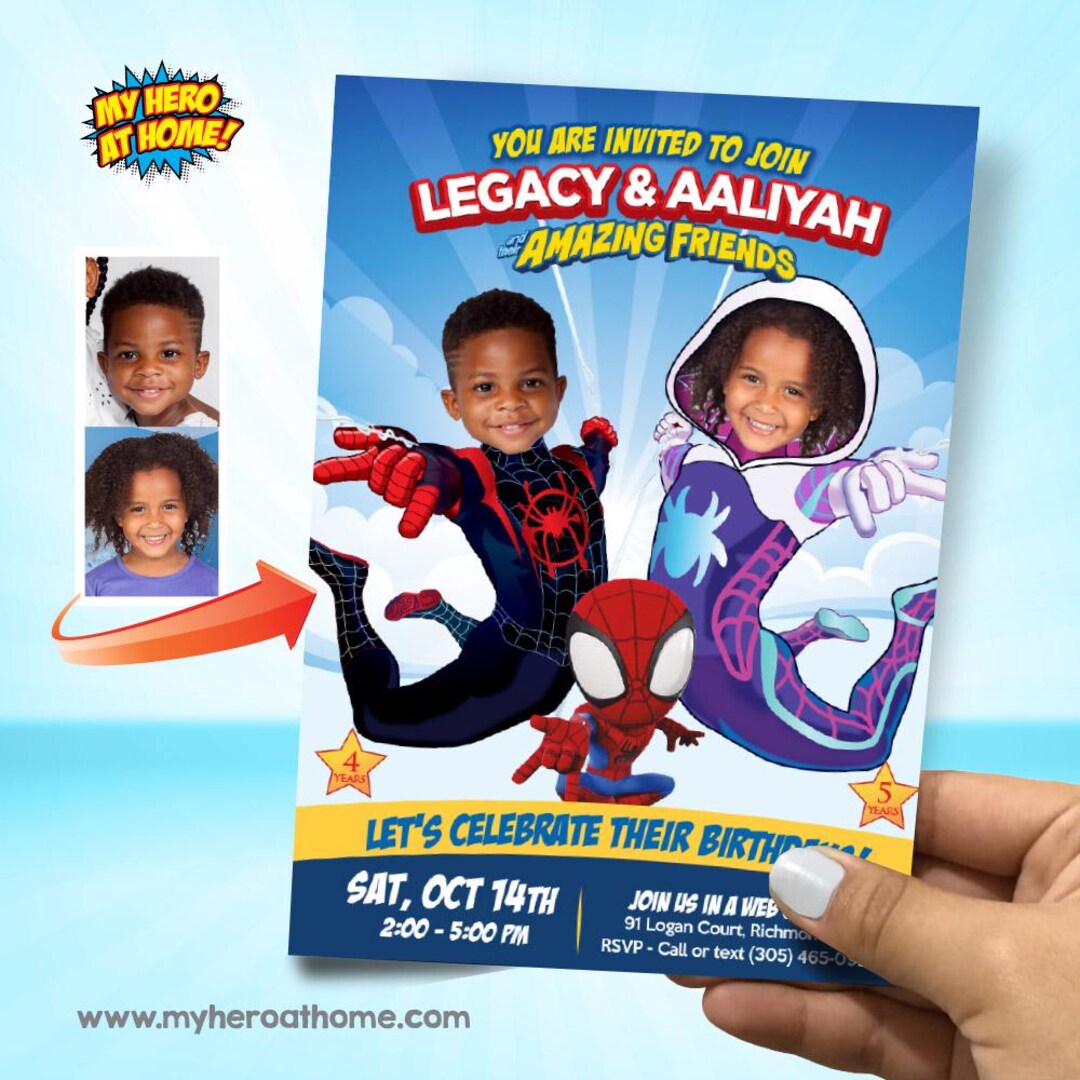 Spidey Siblings Party Invitation With Photos, Two Spider Kids Party ...