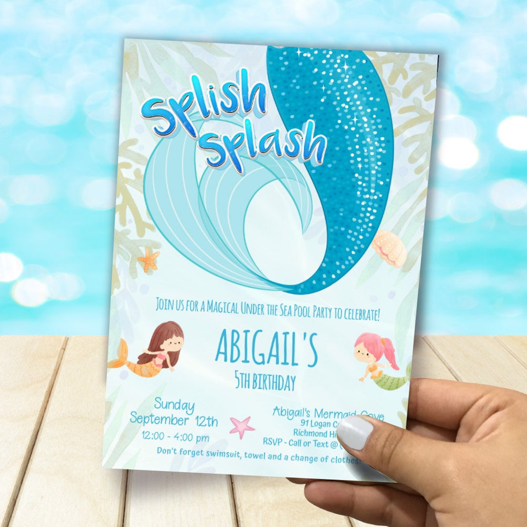 Editable Mermaid Siblings Pool Party Invite, Mermaid Splish Splash ...