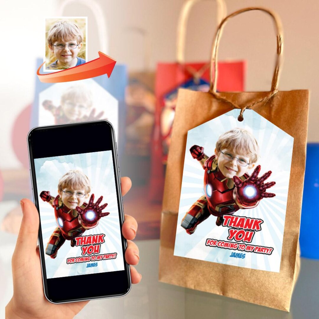 Ironman Birthday Thank You With Photo, Ironman Favor Tags, Ironman ...