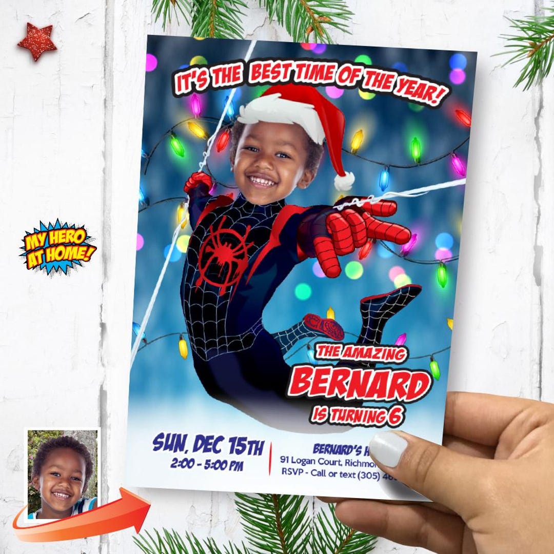 Miles Morales Christmas Birthday Invitation, Miles Morales Xmas Party ...