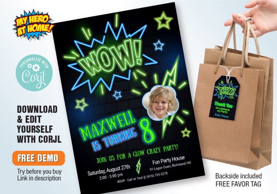 Neon Light Birthday Invitation, Glow Party Invitation With Photo, Neon ...