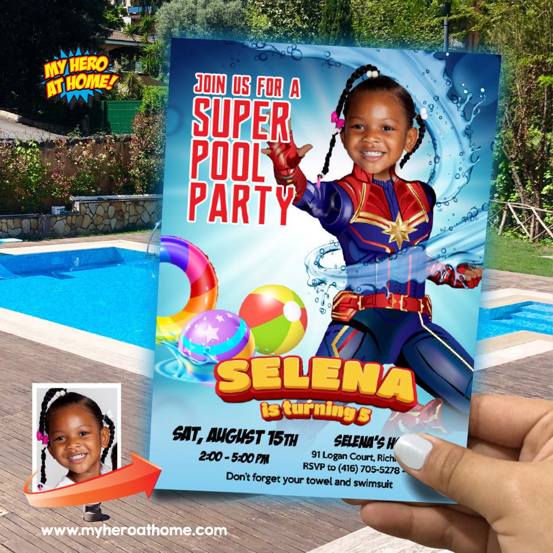 Capt Marvel Pool Party Invitation, Capt Marvel Invitation With Photo ...