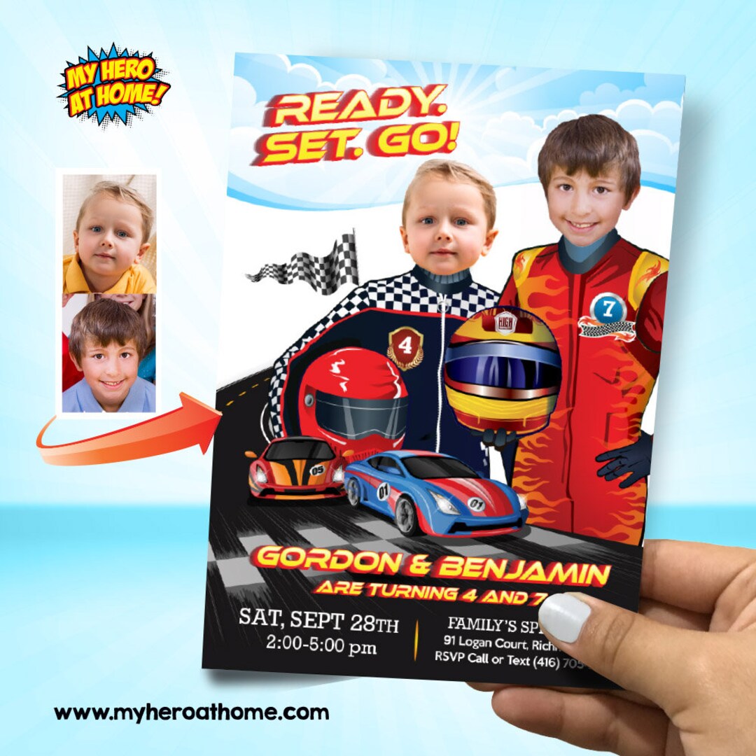 Joint Race Car Party Invitation, Siblings Ready Set Go Birthday ...
