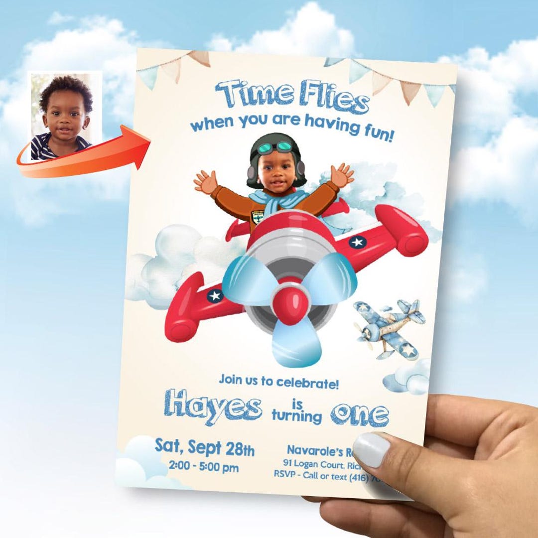Airplane Birthday Party Invitation With Photo, Airplane 1st Birthday ...