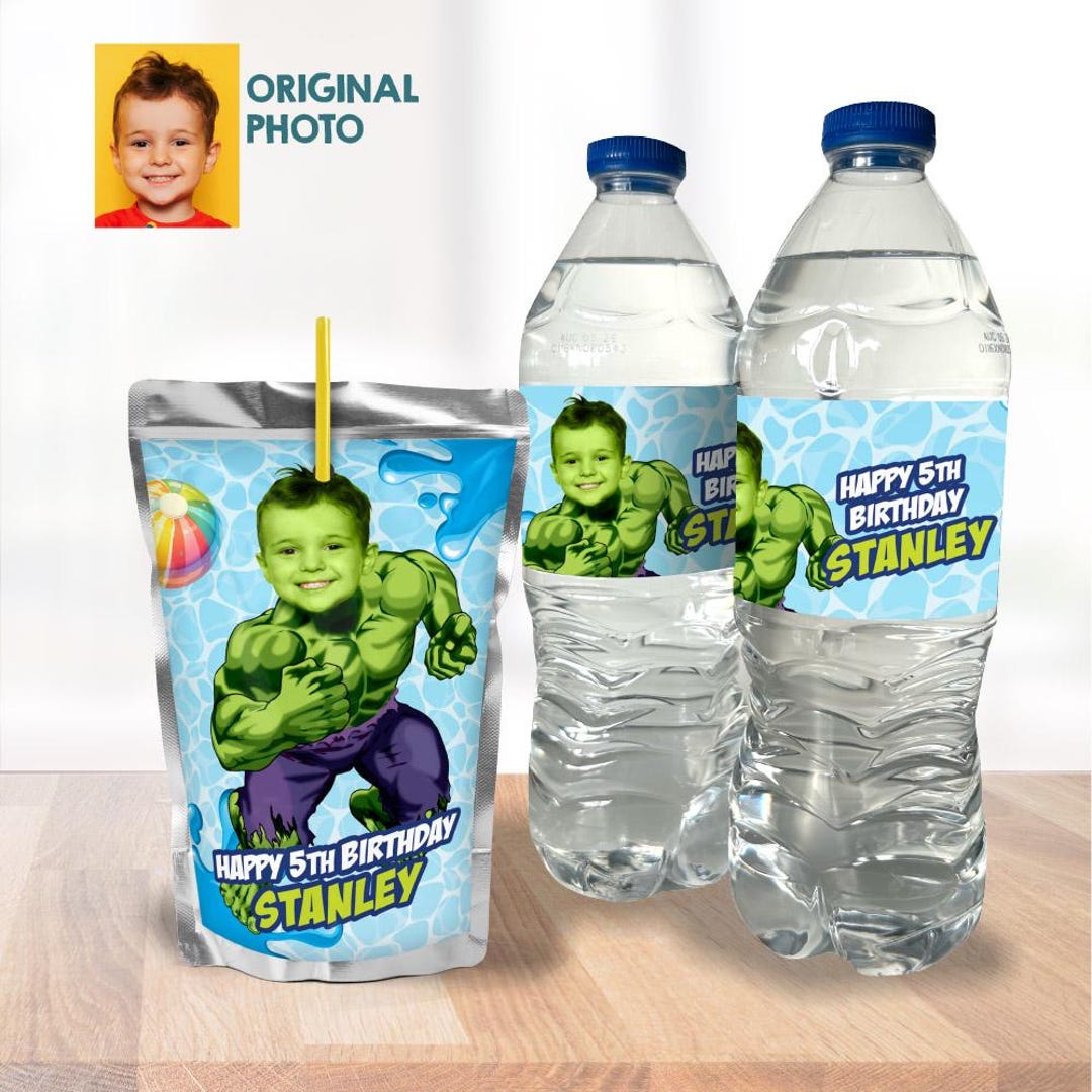 Custom Hulk Birthday Water Bottle Labels With Photo, Pool Party ...