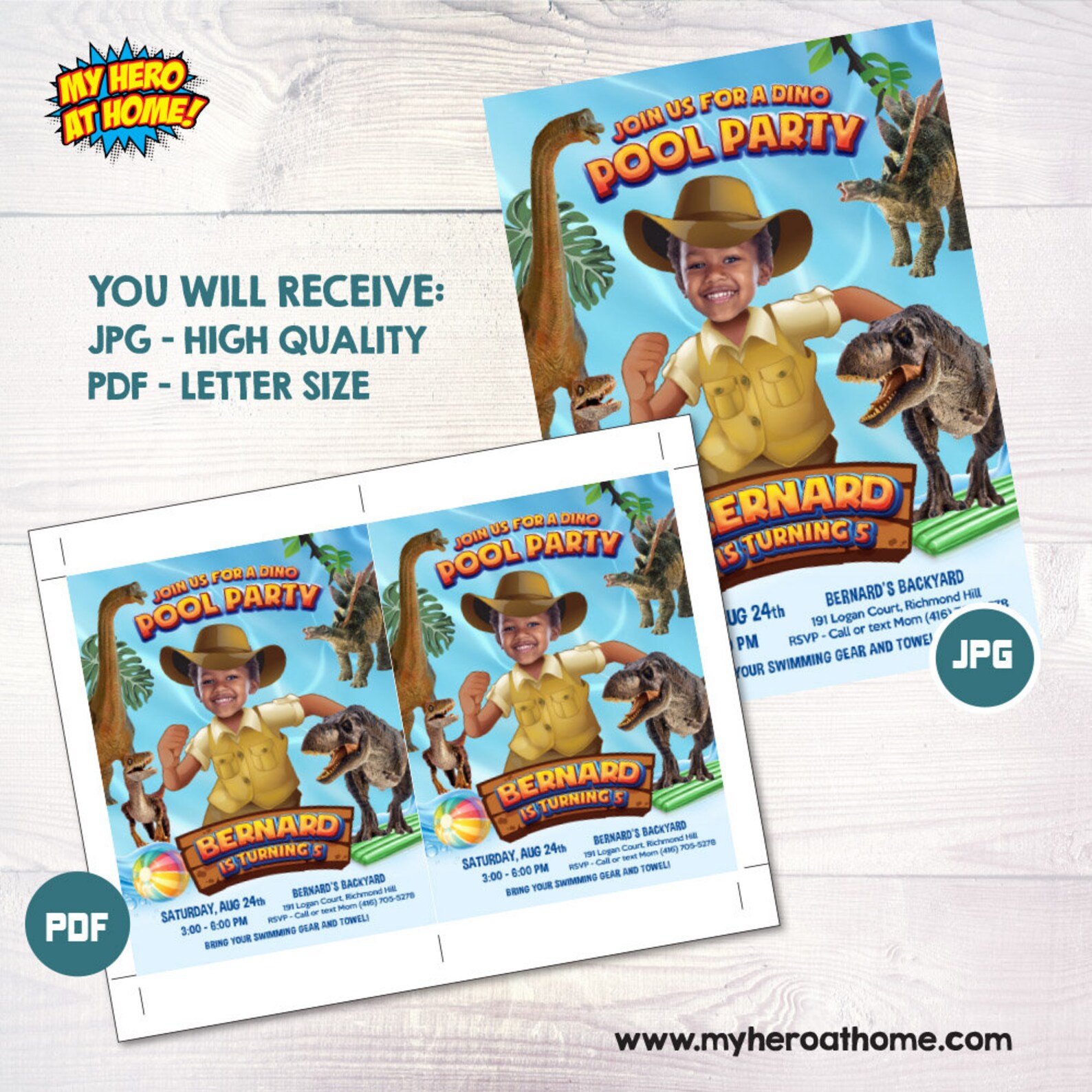 Dino Pool Party Invitation With Photo, Paleontologist Pool Party ...