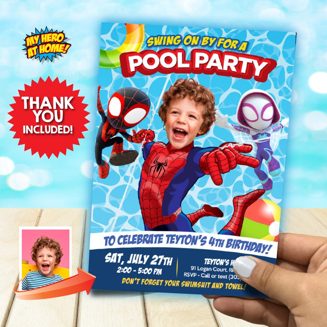 Spidey and His Amazing Friends Pool Party Birthday Invitation With Photo, Spidey Pool Party ...