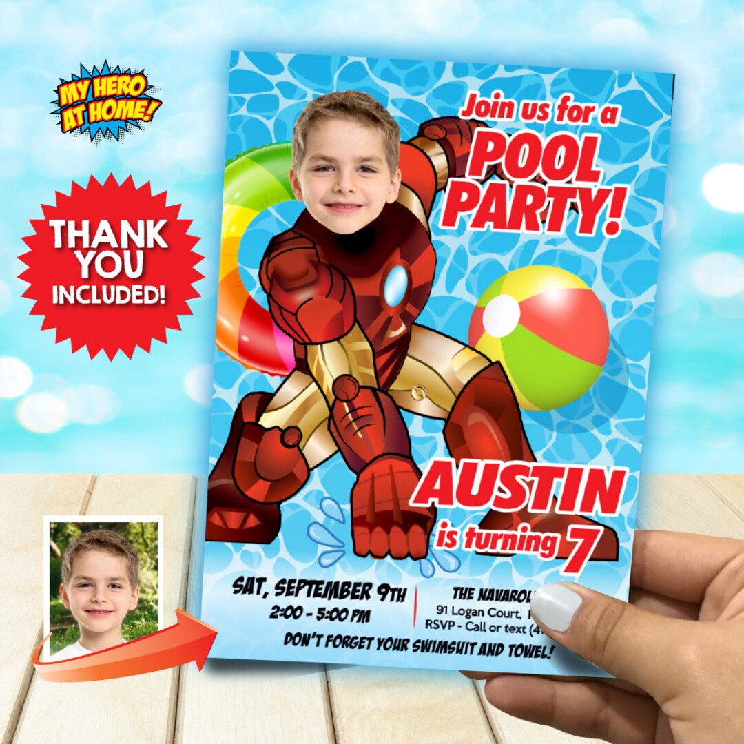 Iron Man Pool Party Invitation With Birthday Boy as the Star (favor ...