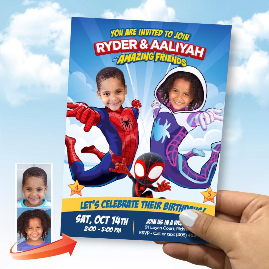 Joint Spidey and Gwen Stacy Party Invitation With Photos, 2 Spider Kids ...