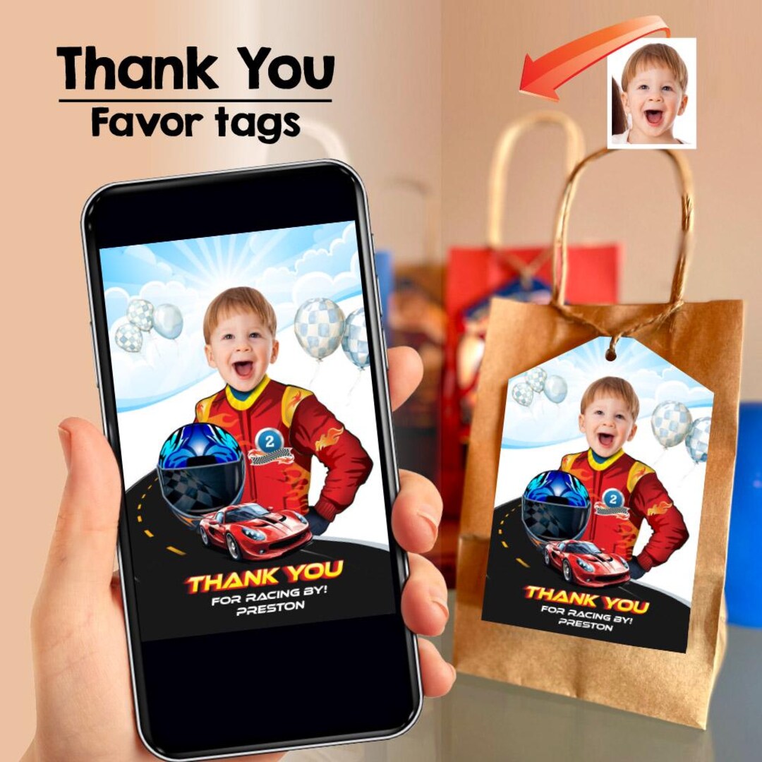 Racing Car Driver Thank You With Photo, Custom Race Car 2nd Favor Tags ...
