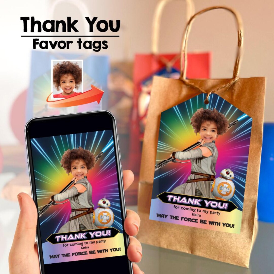 Jedi Rey Thank You Card, Personalized Jedi Rey Favor Tags, Jedi Party ...